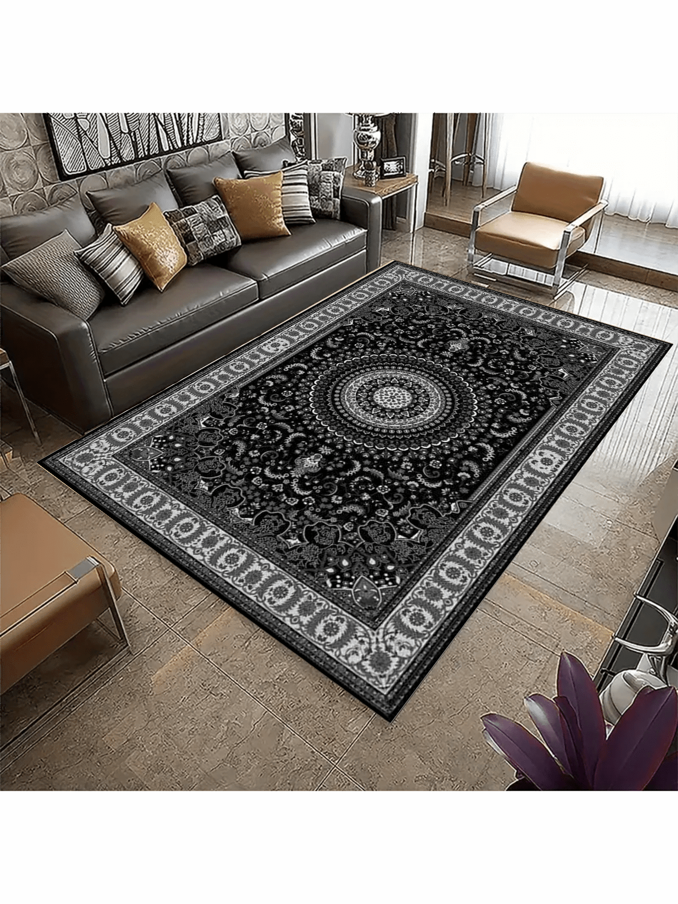 1pc Rectangular Crystal Velvet Area Rug, Carpet, Black Ground Large ...