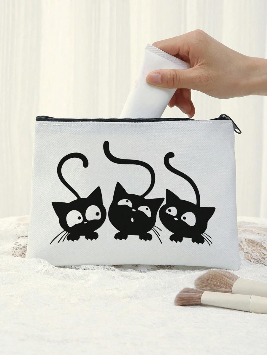 1pc Cute Cartoon Cat Print Cosmetic Bag, Casual Fashion Portable Makeup ...
