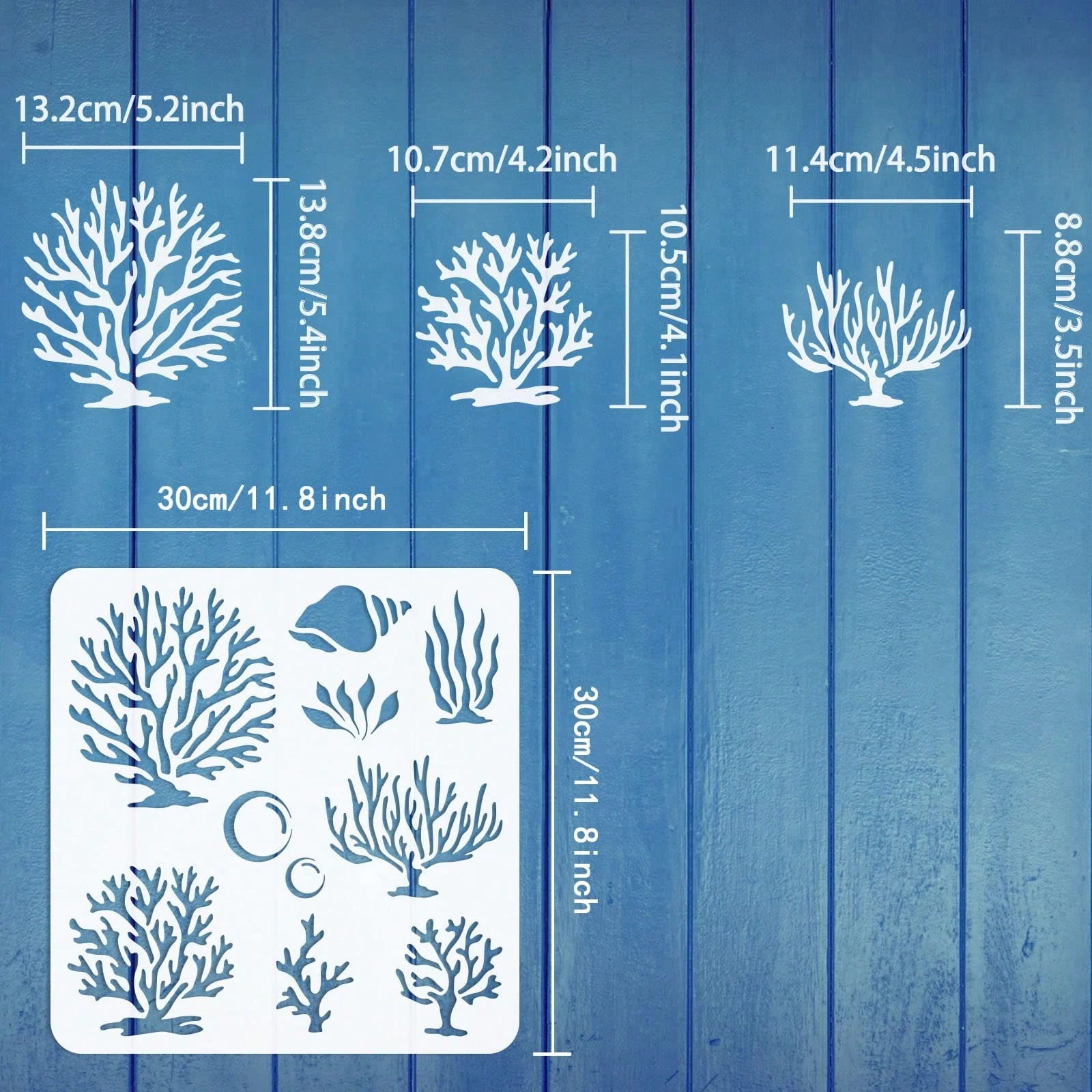 11.8x11.8inch Sea Coral Wall Stencil, Reusable Seaweed Corals Conch Bubble Painting Template ...