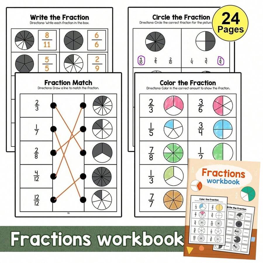 24-Page Fraction Learning Workbook For Kids 6-12 Years - Interactive ...