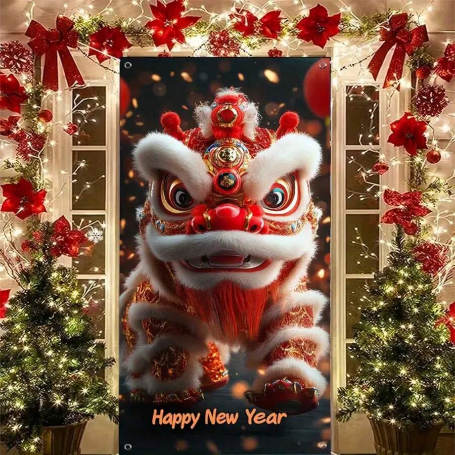 Chinese New Year Door Cover Chinese Red Lion Dance 2025 Door Banners ...