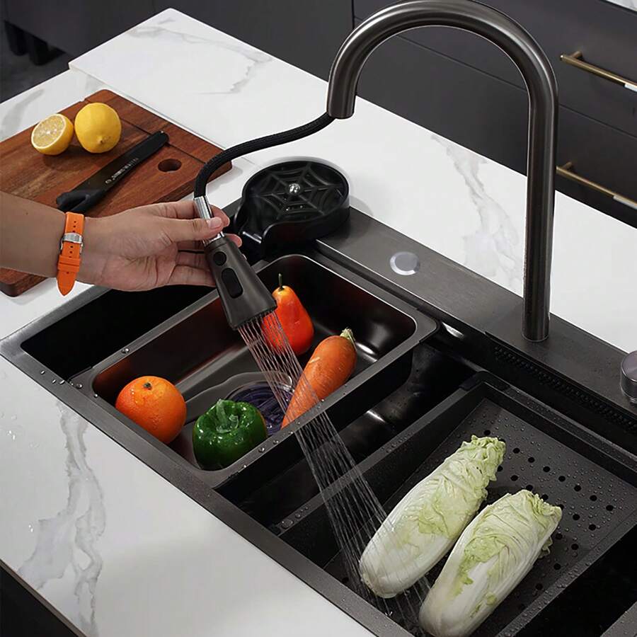 Kitchen Sink Set Waterfall Sink With Retractable Faucet Stainless Steel ...