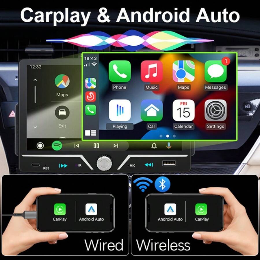 Car Wireless Carplay&Android Auto 1 Din Car Radio Bluetooth HD 7" Touch ...