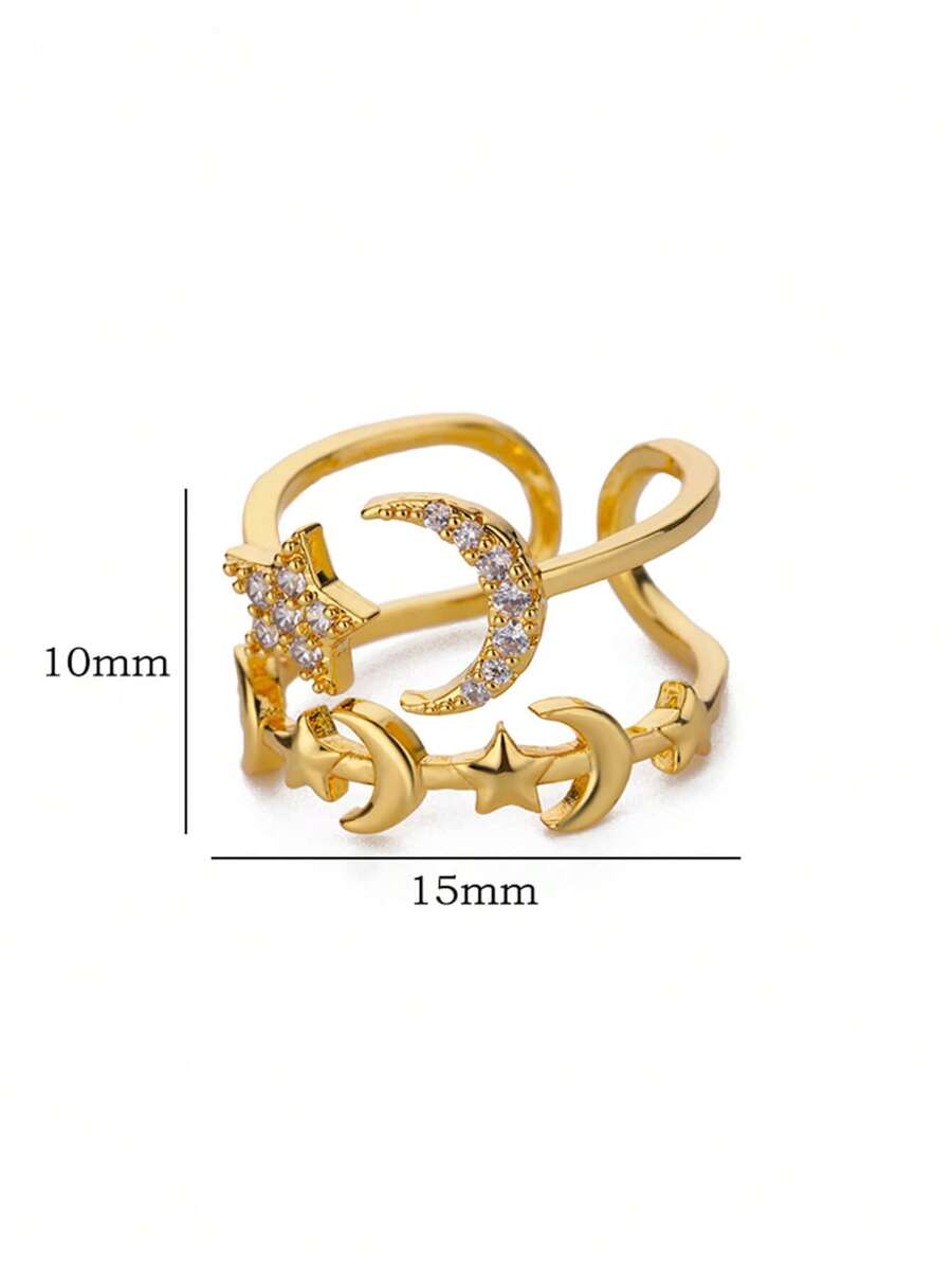 1pc Shiny Zirconia Star Moon Open Rings For Women Gold Plated Double ...