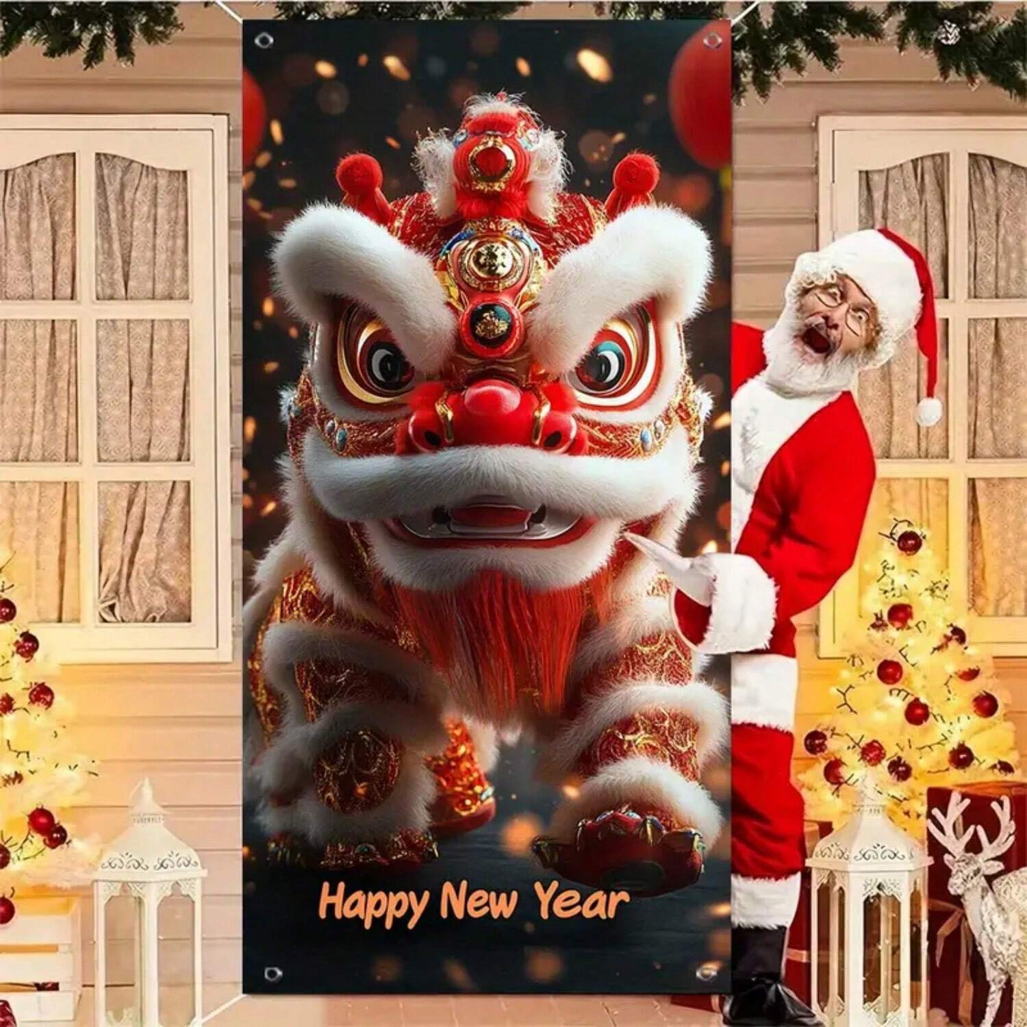 Chinese New Year Door Cover Chinese Red Lion Dance 2025 Door Banners ...