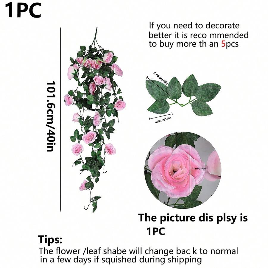 2Pcs Fake Hanging Flower, Artificial Rose Vine Hanging Plants, Faux ...