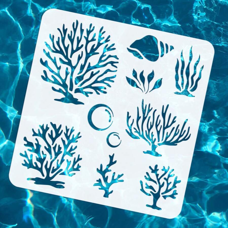11.8x11.8inch Sea Coral Wall Stencil, Reusable Seaweed Corals Conch Bubble Painting Template ...