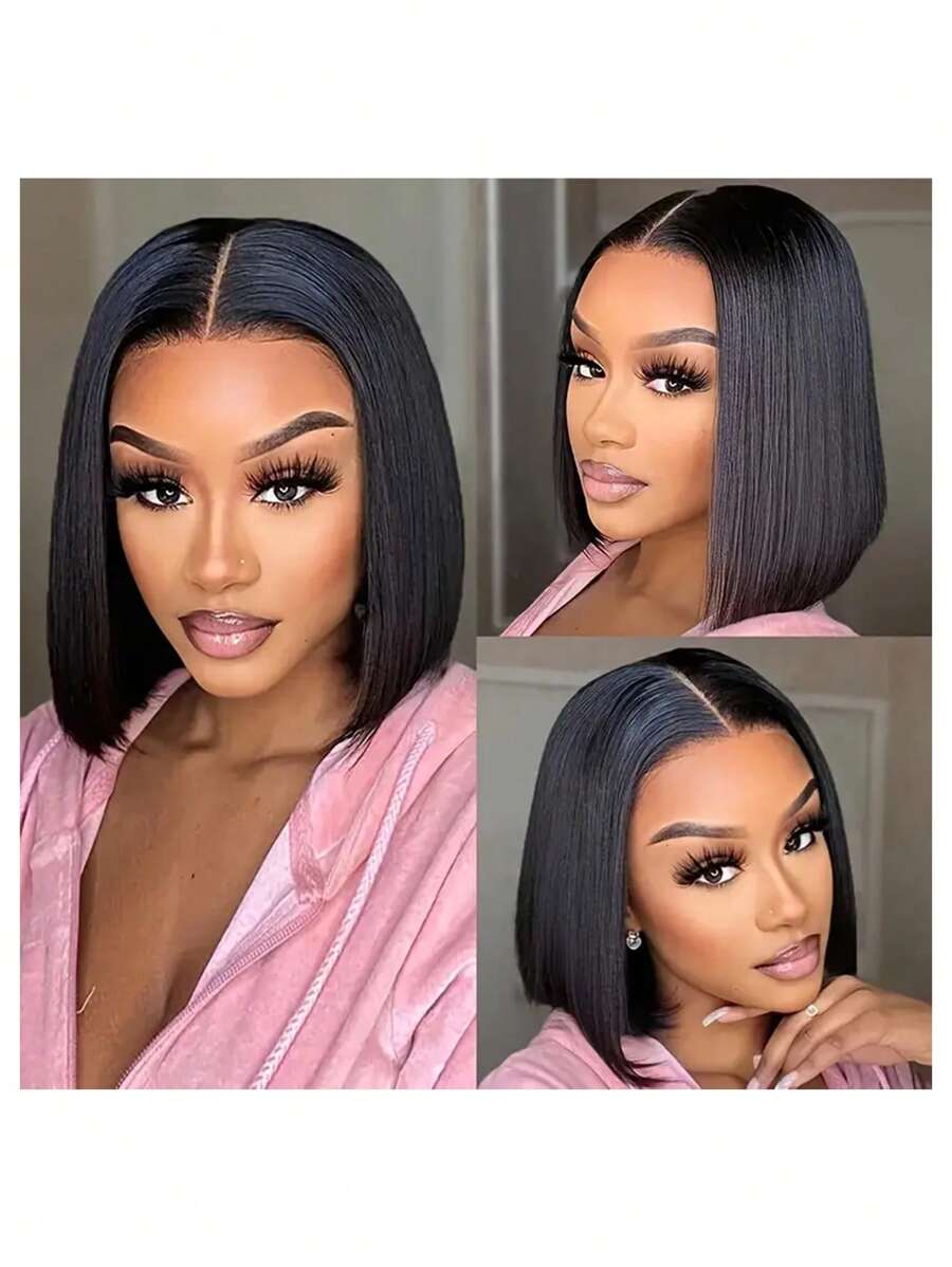 Perruque Bob sans colle de 16 pouces, perruque de cheveux humains prête à l'emploi, avec ...