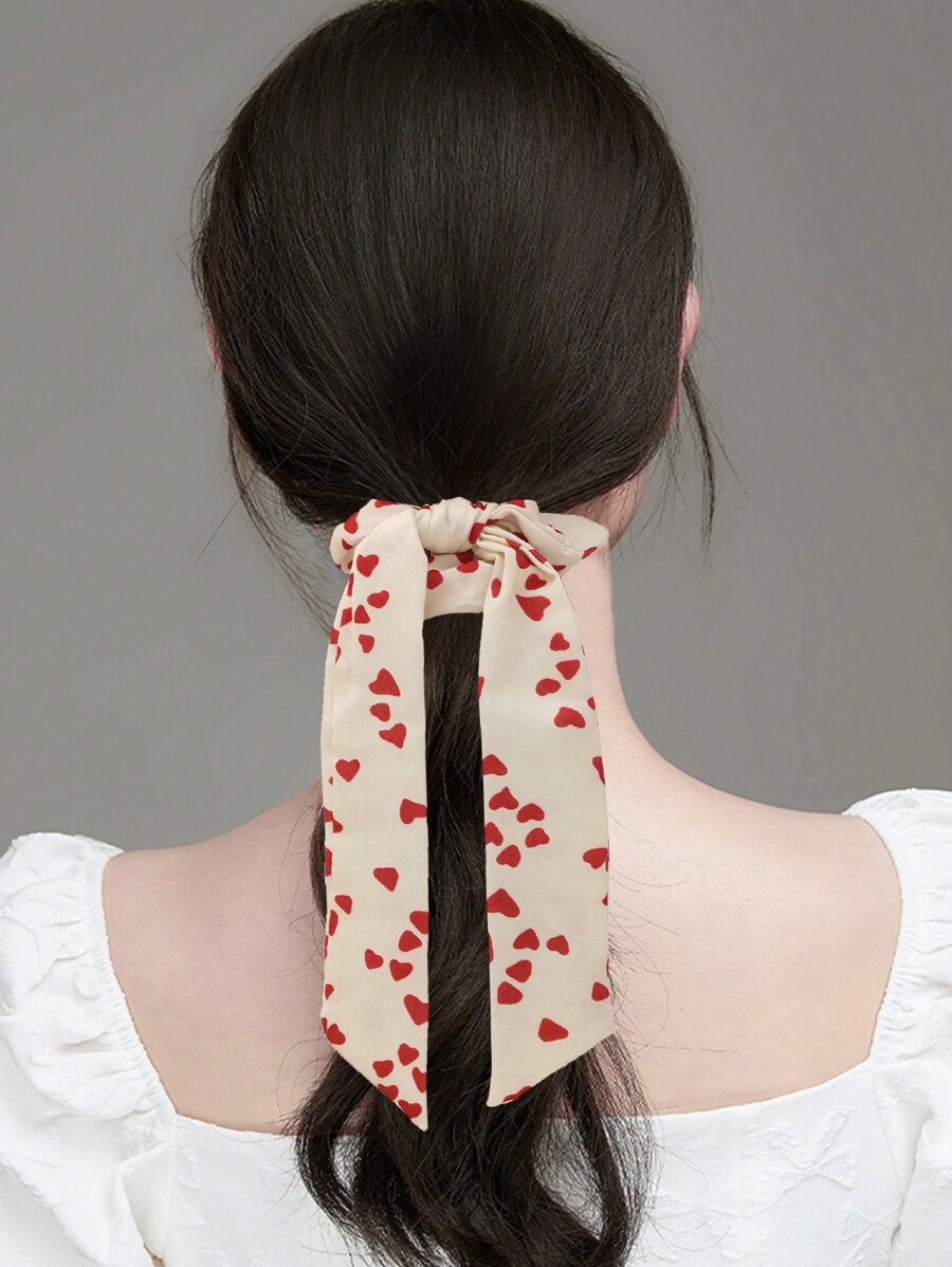 2pcs Sweet Heart Print Ribbon Hair Scrunchies, Suitable For Casual ...