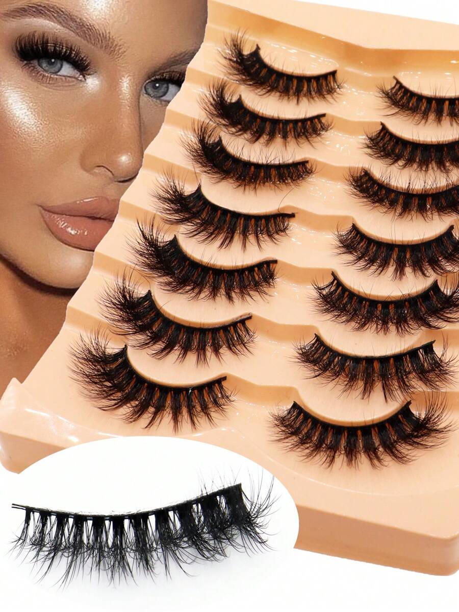 7 Pairs Fluffy Fake Lashes Black Eyelashes, 3D Drama Feathery Eyelash ...