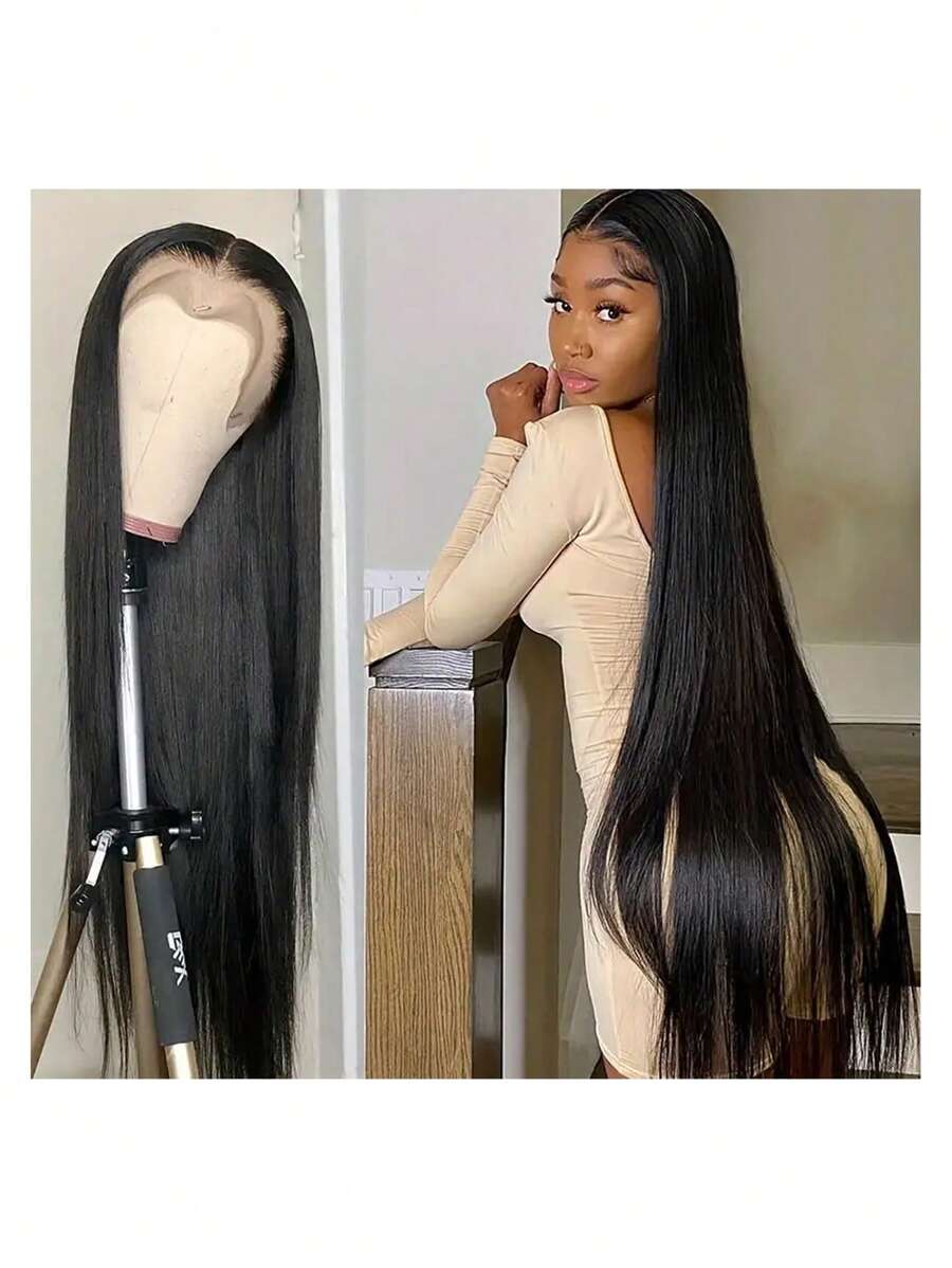 Perruque lace front droite de 36 pouces, cheveux humains, densité de 180%, sans colle, lace ...