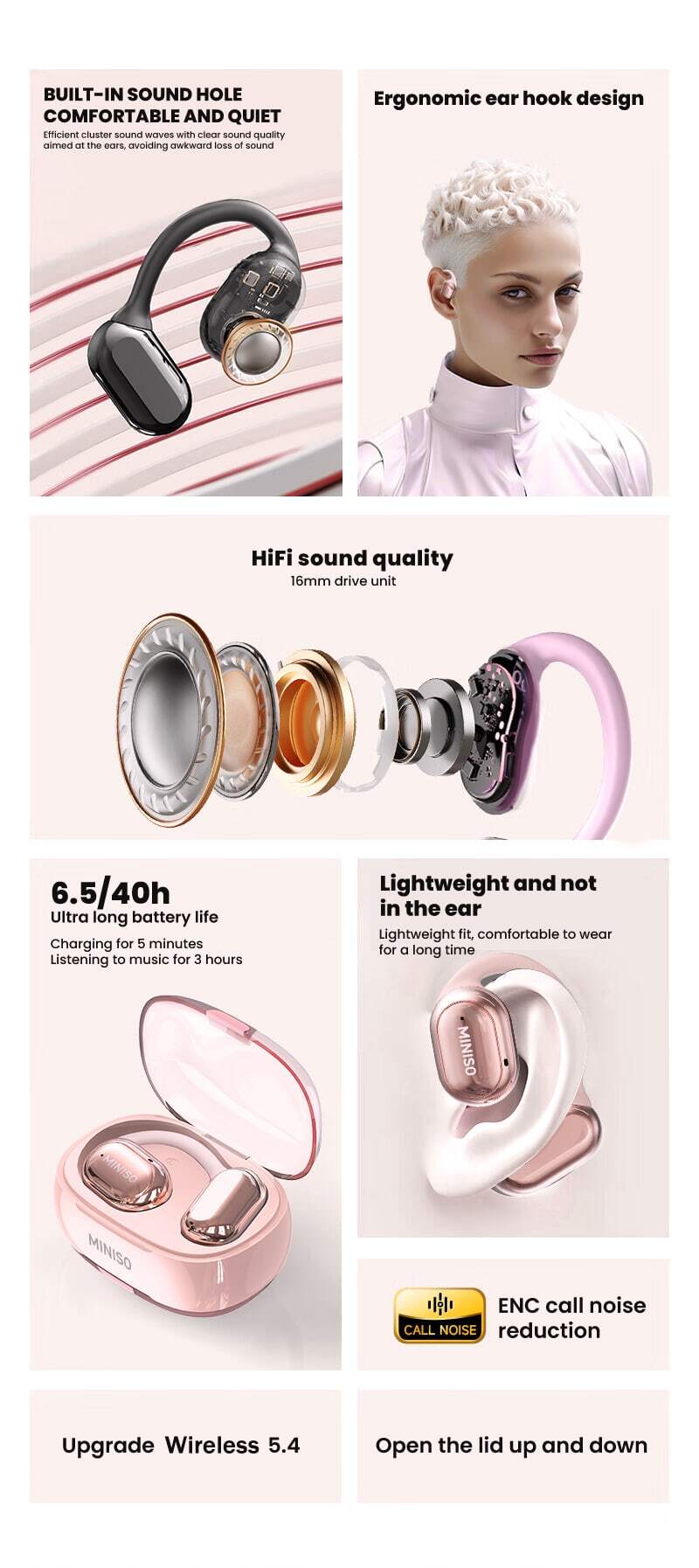 Miniso AI Translation X39 OWS Open Ear Headphones, True Wireless 5.4 ...