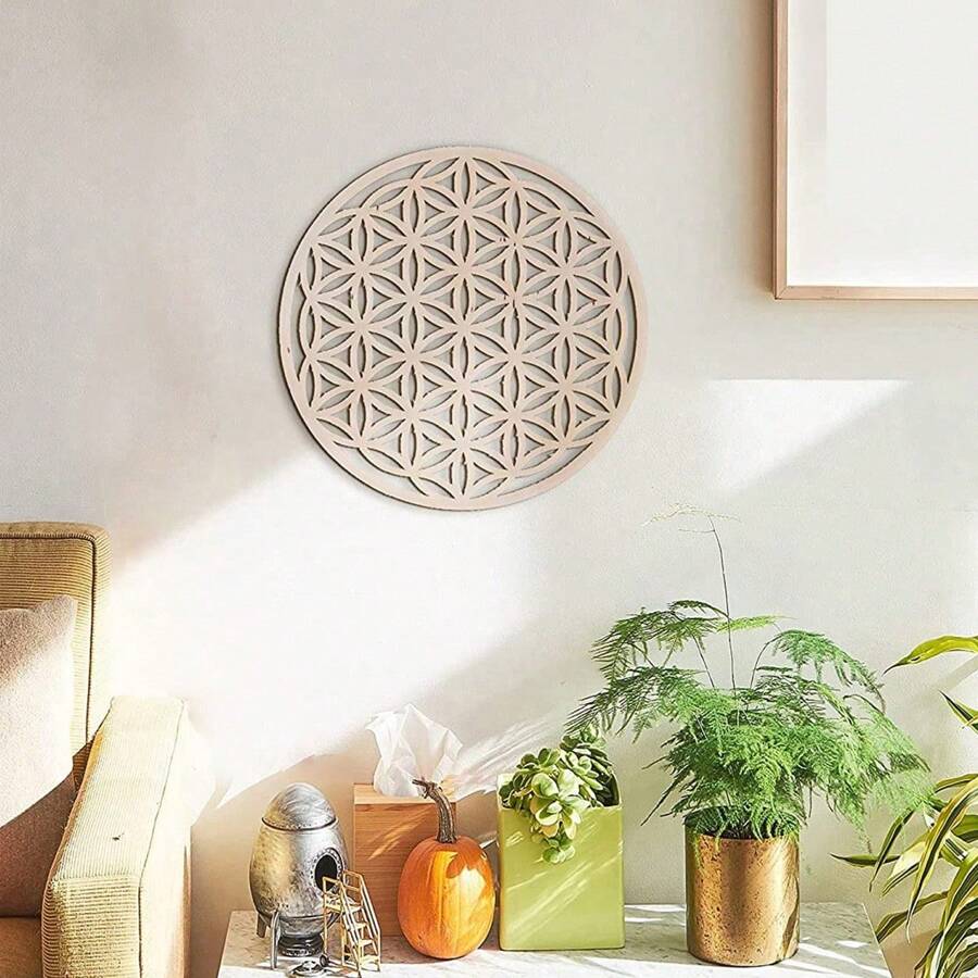 14cm/5.51inch Diameter Wooden Wall Sign Flower Of Life Shape Laser Cut ...