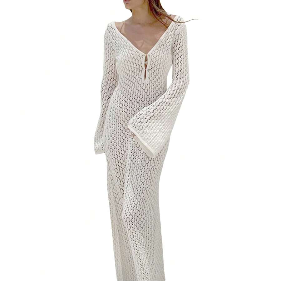 Women See Through Knit Long Dress Long Sleeve Crochet Maxi Bodycon ...