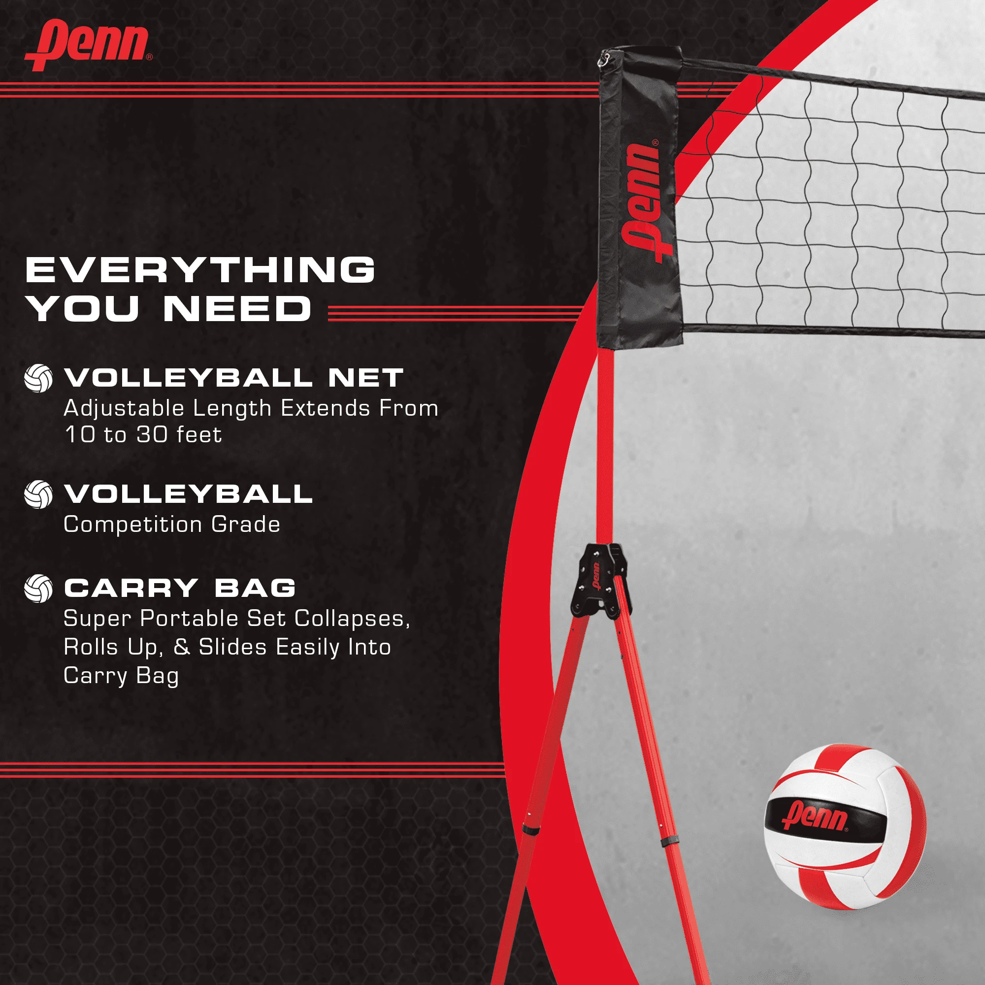 Penn Easy Fit Premium Volleyball Set, Includes Adjustable Net And Ball ...
