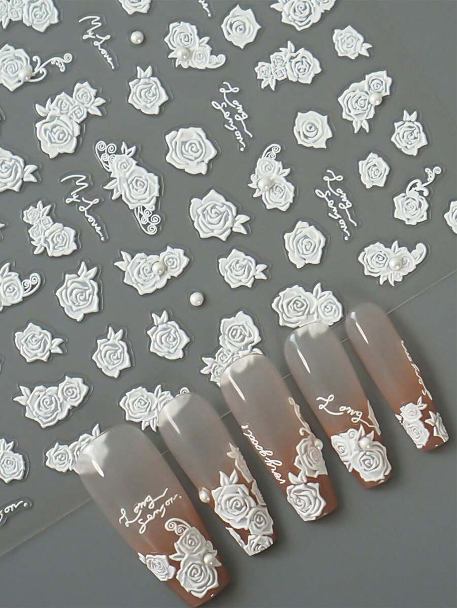 1pc 5D Embossed White Rose Flower Crystal Rhinestone & Faux Pearl Nail ...
