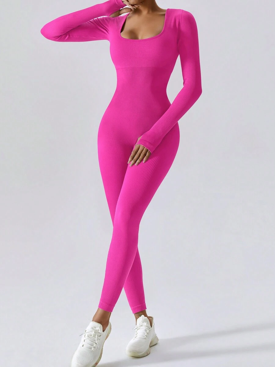 NcmRyu 1 Set Solid Color Pink Seamless Women Long Sleeve Jumpsuit With ...