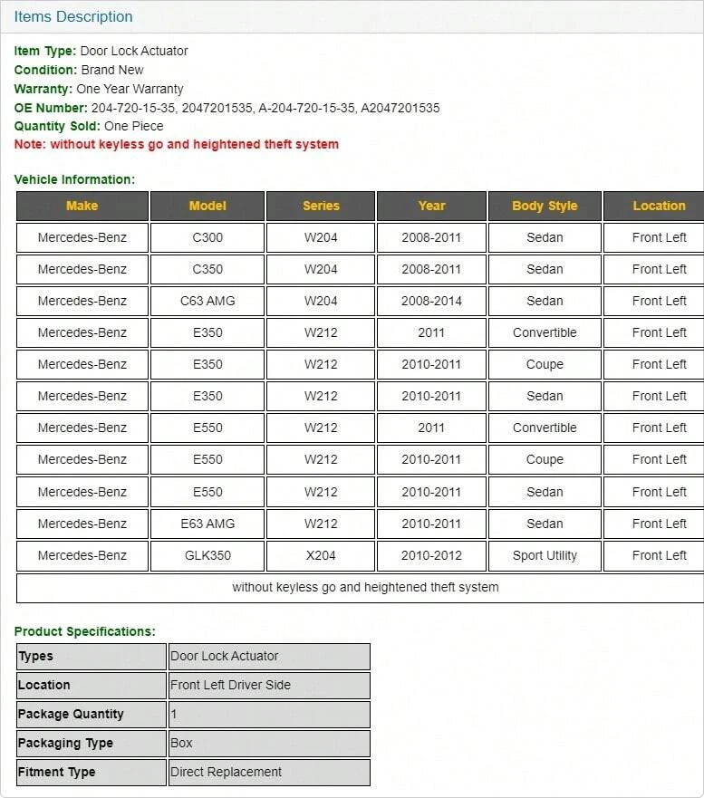 Front Left Door Lock Actuator A2047201535 A-204-720-15-35 For Mercedes ...