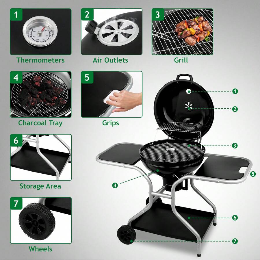 Kettle Charcoal Grill With 2 Side Tables, Storage Shelf, Upgraded Ash ...