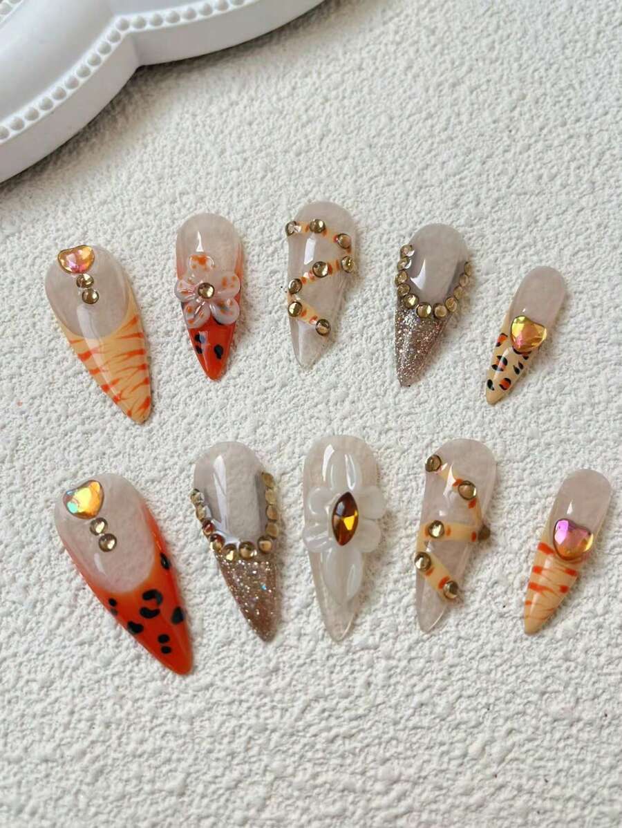 10-Piece Pure Handmade Armour Drip Nail Type Hand-Painted French ...