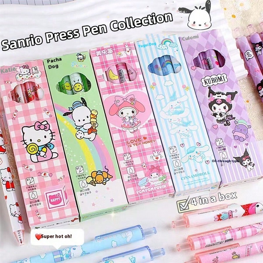 Sanrio 4Pcs Sanrio Gel Pen Black Quick Drying Hello Kitty Cinnamoroll ...
