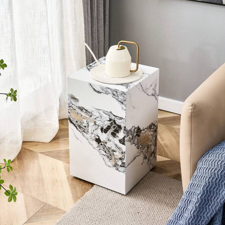 MUUOKY 11.8"Modern Square Marble Side Table, White Faux Marble End Table For Living Room ...
