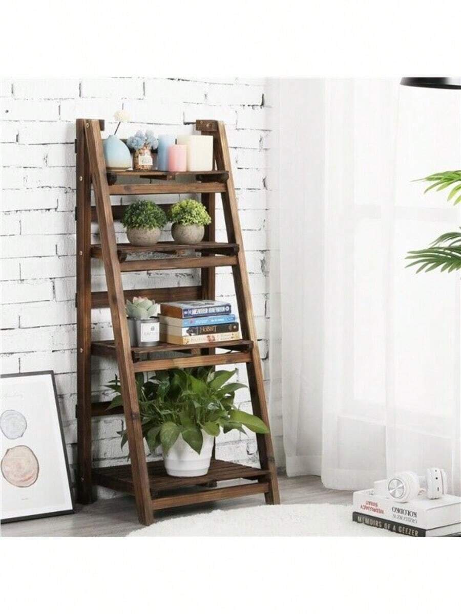 4-Tier Wooden Plant Stand Foldable Ladder Shelf For Flower Display ...
