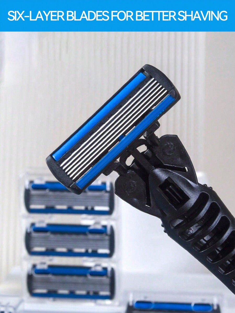 1 Blade Holder And 6 Blades Men's Manual Safety Razor 6-Layer Stainless ...
