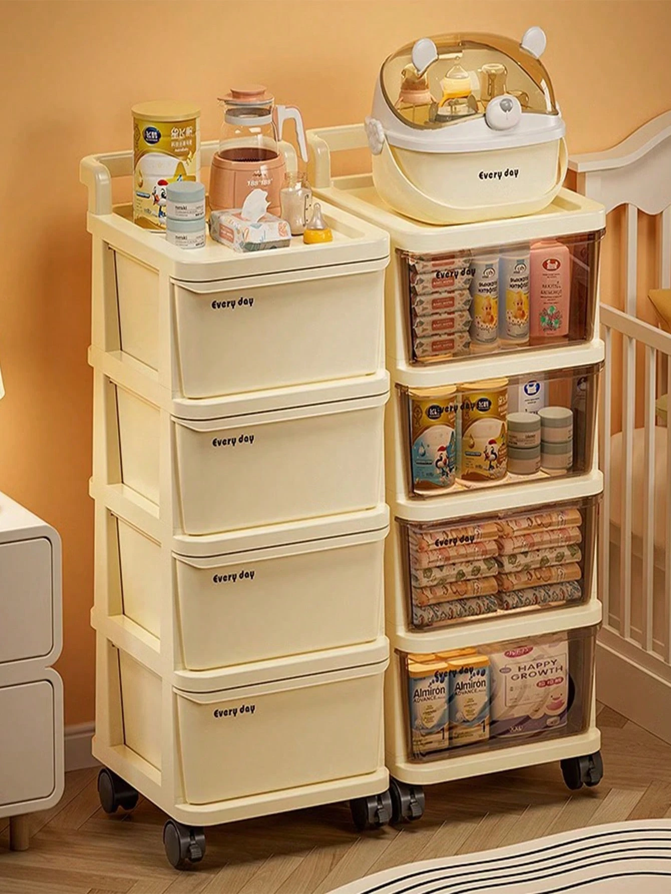 Plastic Push Cart Storage Cabinet With Drawers, Multi-Layer Rolling ...