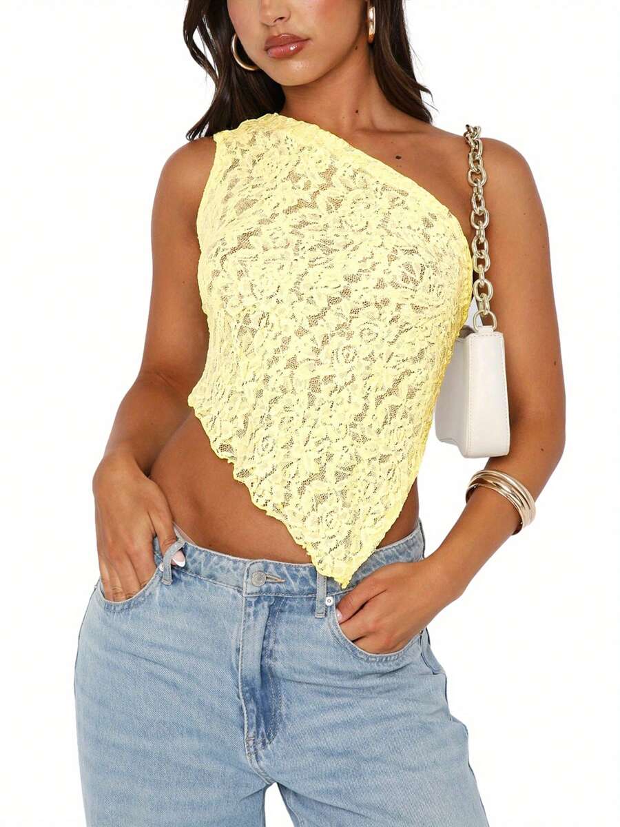Women Lace Tank Sleeveless One-Shoulder Backless Irregular Summer Crop ...