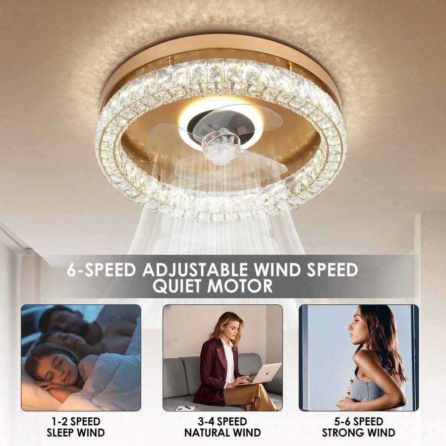 CLAIRDAI Crystal Ceiling Fans With Lights Flush Mount Ceiling Fan With ...