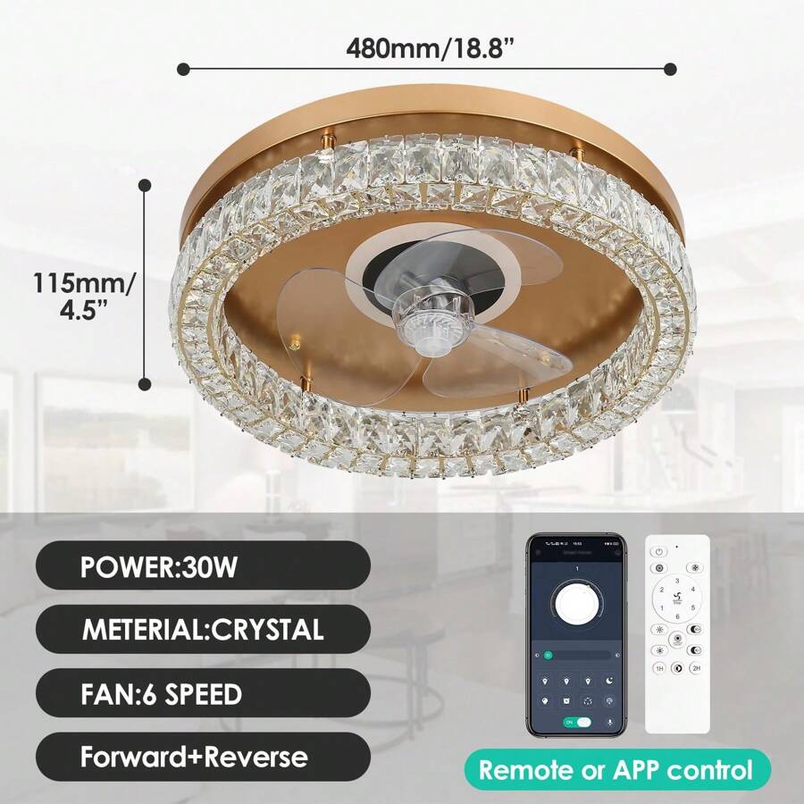 CLAIRDAI Crystal Ceiling Fans With Lights Flush Mount Ceiling Fan With ...