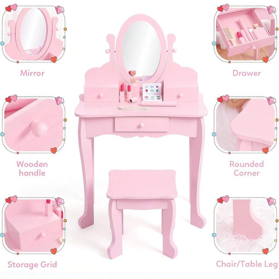 Princess Vanity Set For Girls - Kids Makeup Table With Touch Lights ...