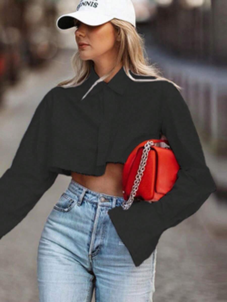 Women Crop Shirt, Turn Down Collar Exposed Navel Solid Color Irregular ...