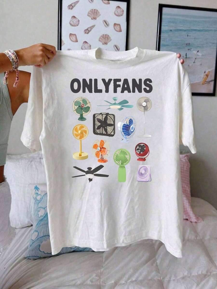 ONLYFANS Curse Champagne Print T-Shirt, Short Sleeve Crew Neck Casual ...