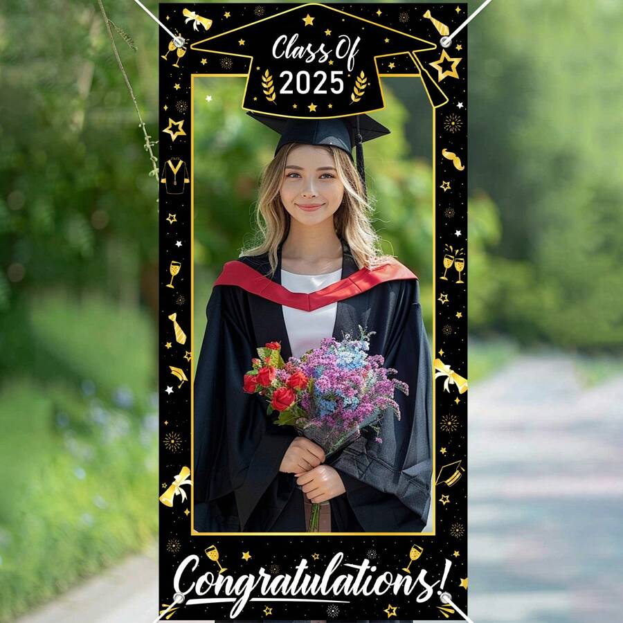 2025 Graduation Photo Booth Props Banner, Class Of 2025 Glitter Gold ...