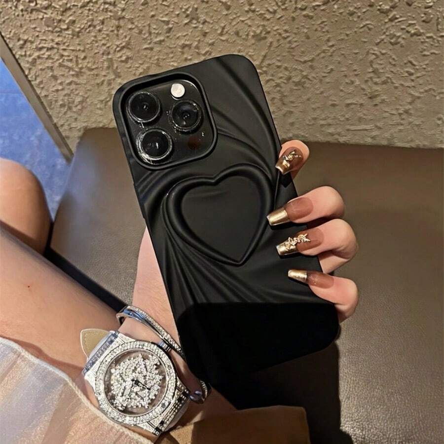 Minimalist Black Matte 3D Heart Shape Phone Case For IPhone 16 Pro Max/16/16 Pro/16 Plus/15/15 ...