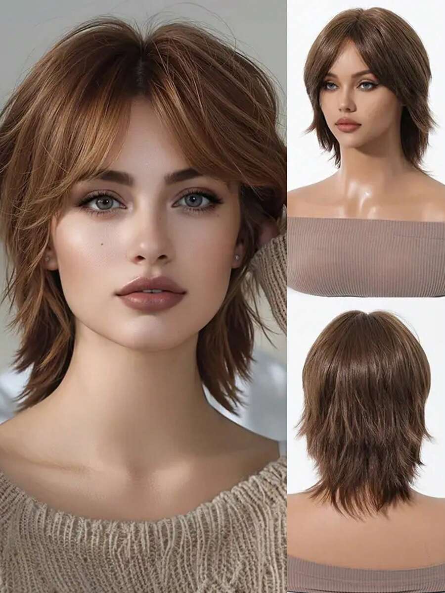 12 Inch Short Mullet Head Wigs With Bangs Synthetic Straight Women ...