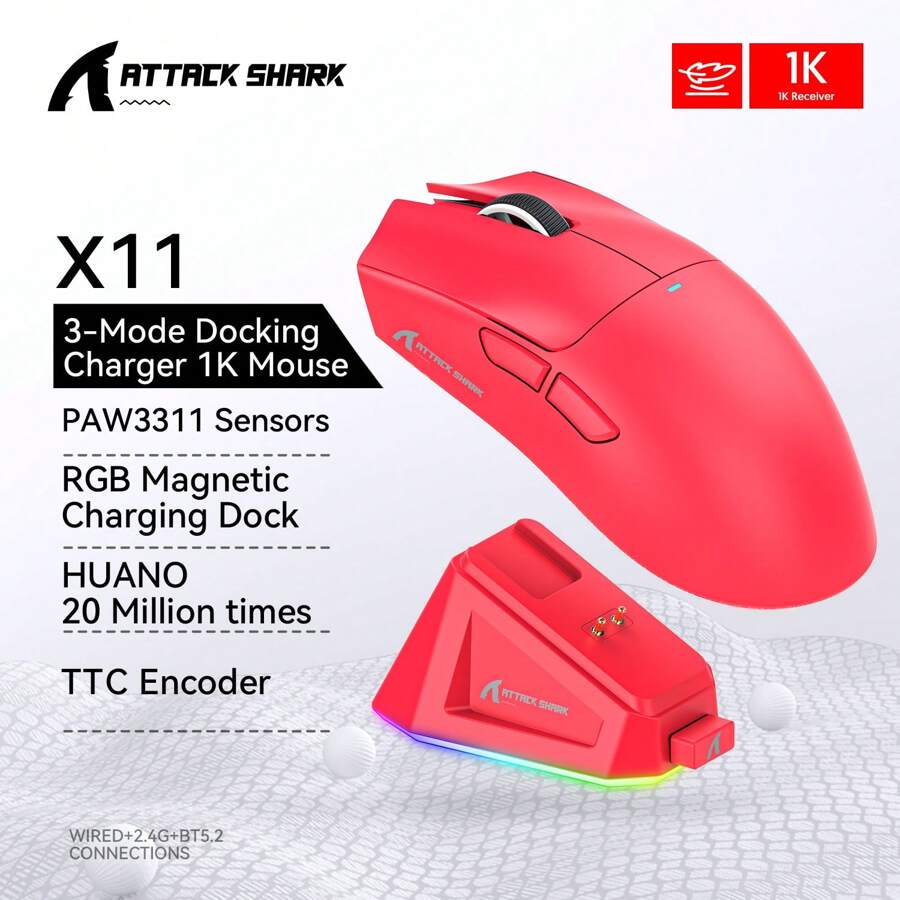 ATTACK SHARK ATTACK SHARK X11 Wireless Gaming Mouse, Red Color With Non ...