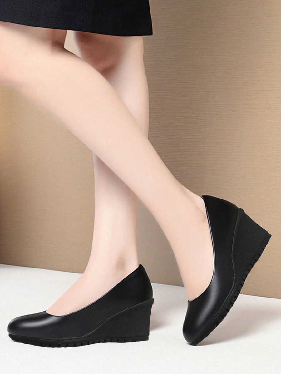 Black Leather Slip-On Loafers For Women, Soft Bottom Wedge Heel Work ...