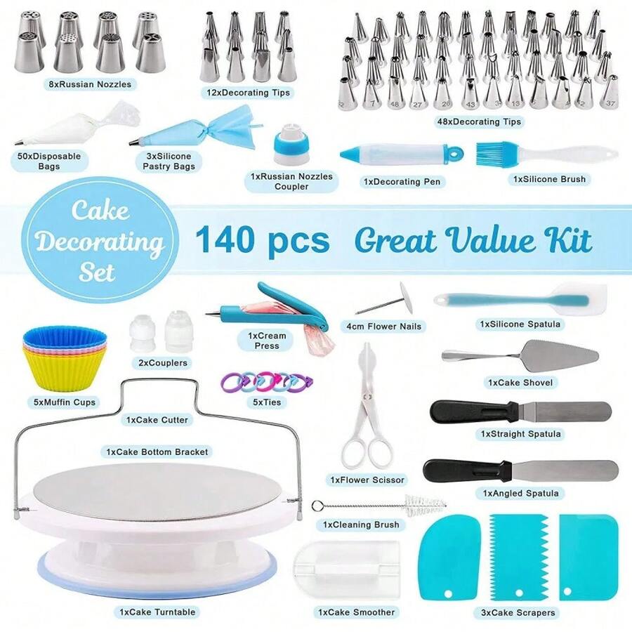 140 Pcs Cake Decorating Supplies Set, Cake Turntable Stand Stainless ...
