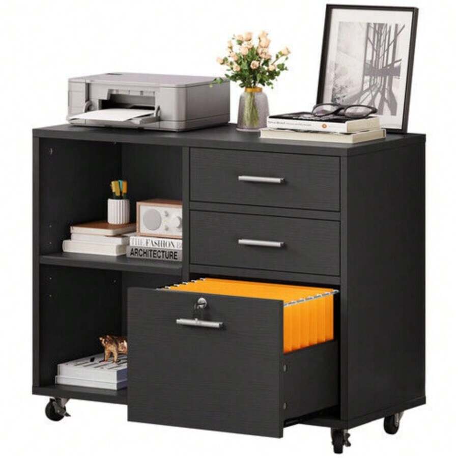 Wood Lateral File Cabinet Lockable Printer Stand Office Home Organizer ...