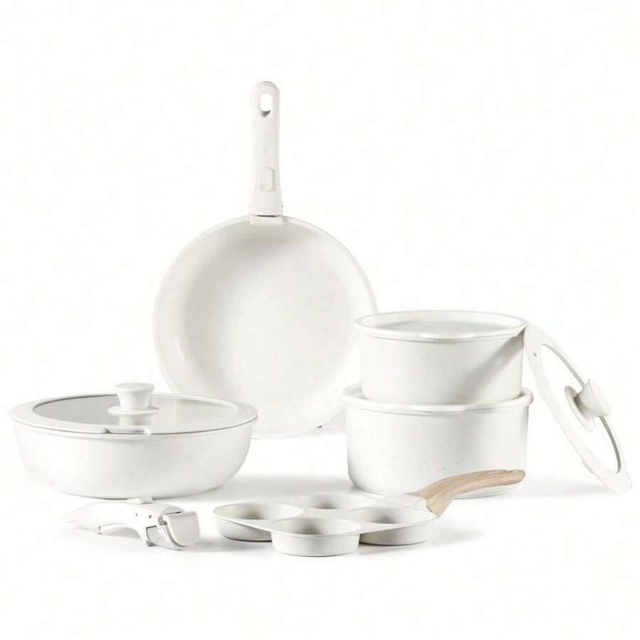 [Official] CAROTE 11pcs Detachable Handle Pots And Pans Set,Cream White ...