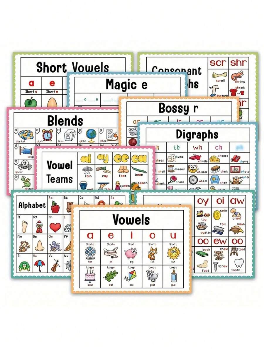 10 Pcs/Set English Phonetic Word Learning Posters, Kindergarten School ...