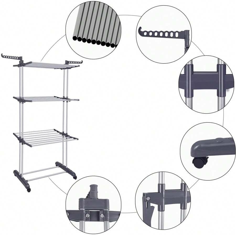 3-Tier Foldable Gray Stainless Steel Drying Rack, Adjustable Roller ...