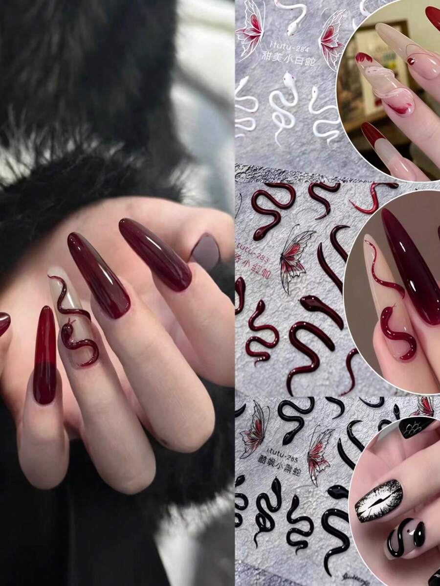 3 Kinds Of Rich Little Red Snake Embossed Nail Stickers, Sweet Little ...