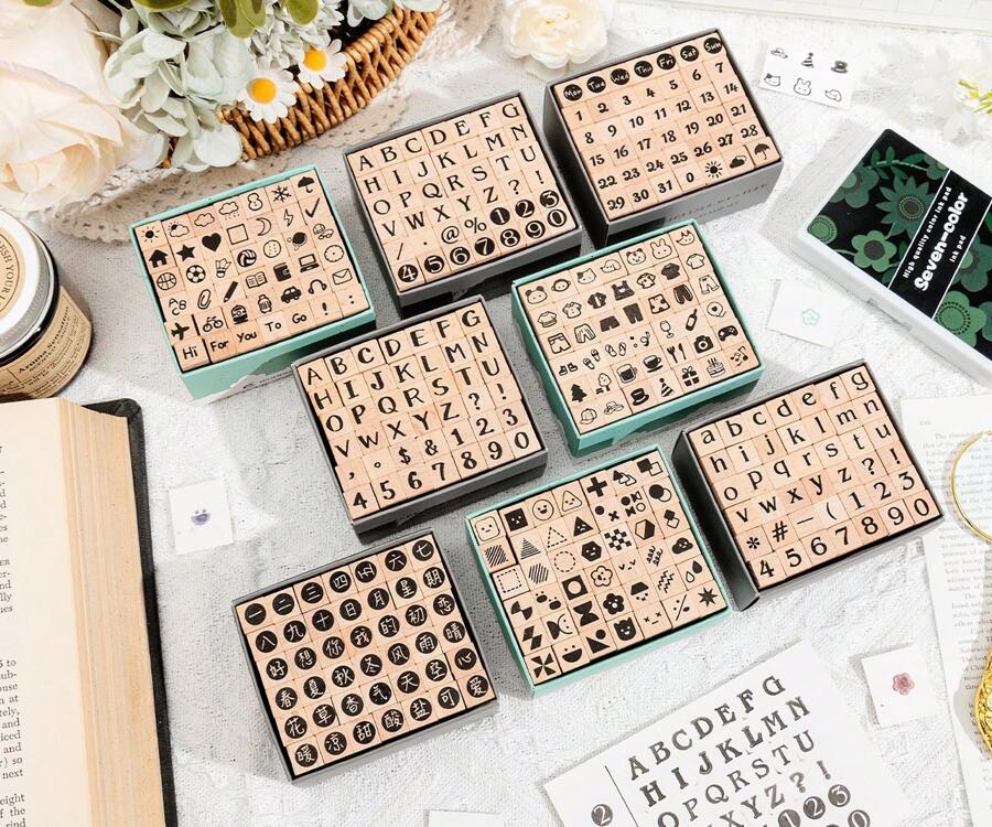 42 Pcs Beechwood Wooden Stamps, Digits, Letters, Geometric Shapes ...
