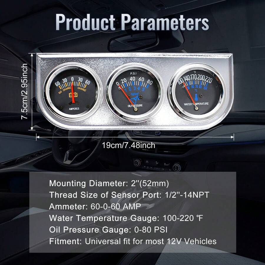 Universal Car 2'' 52mm Chrome Volt Water Temp Gauge Oil Pressure Gauge ...