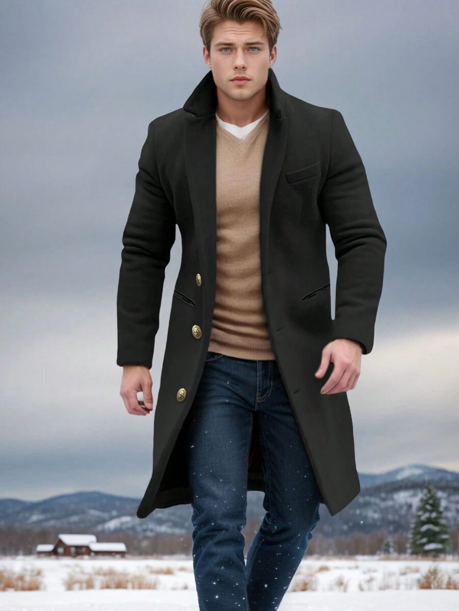 Men's Wool Blend Long Single-Breasted Overcoat, Overcoat With Notched ...