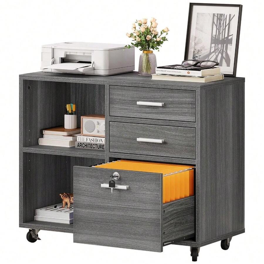 Wood Lateral File Cabinet Lockable Printer Stand Office Home Organizer ...